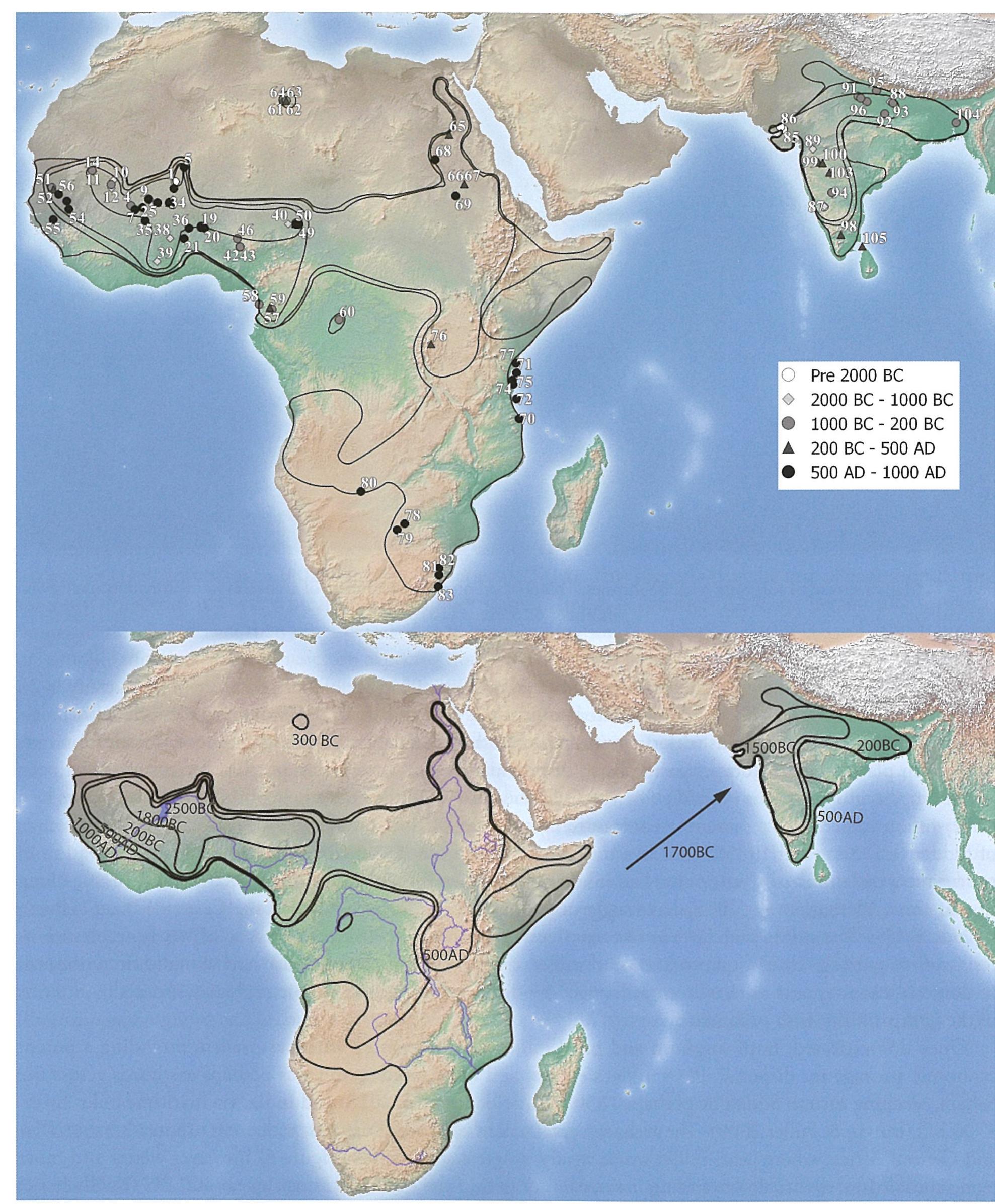 Map of spread of pearl millet with isochrones. map compiled