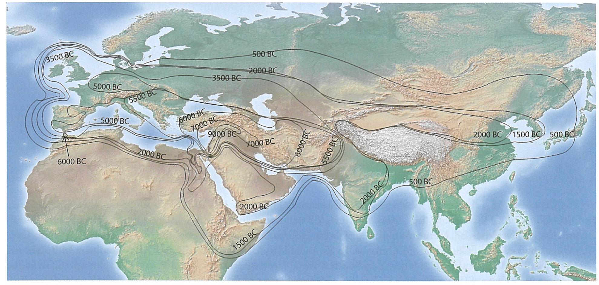 Map of spread of wheat and barley crops with isochrones.