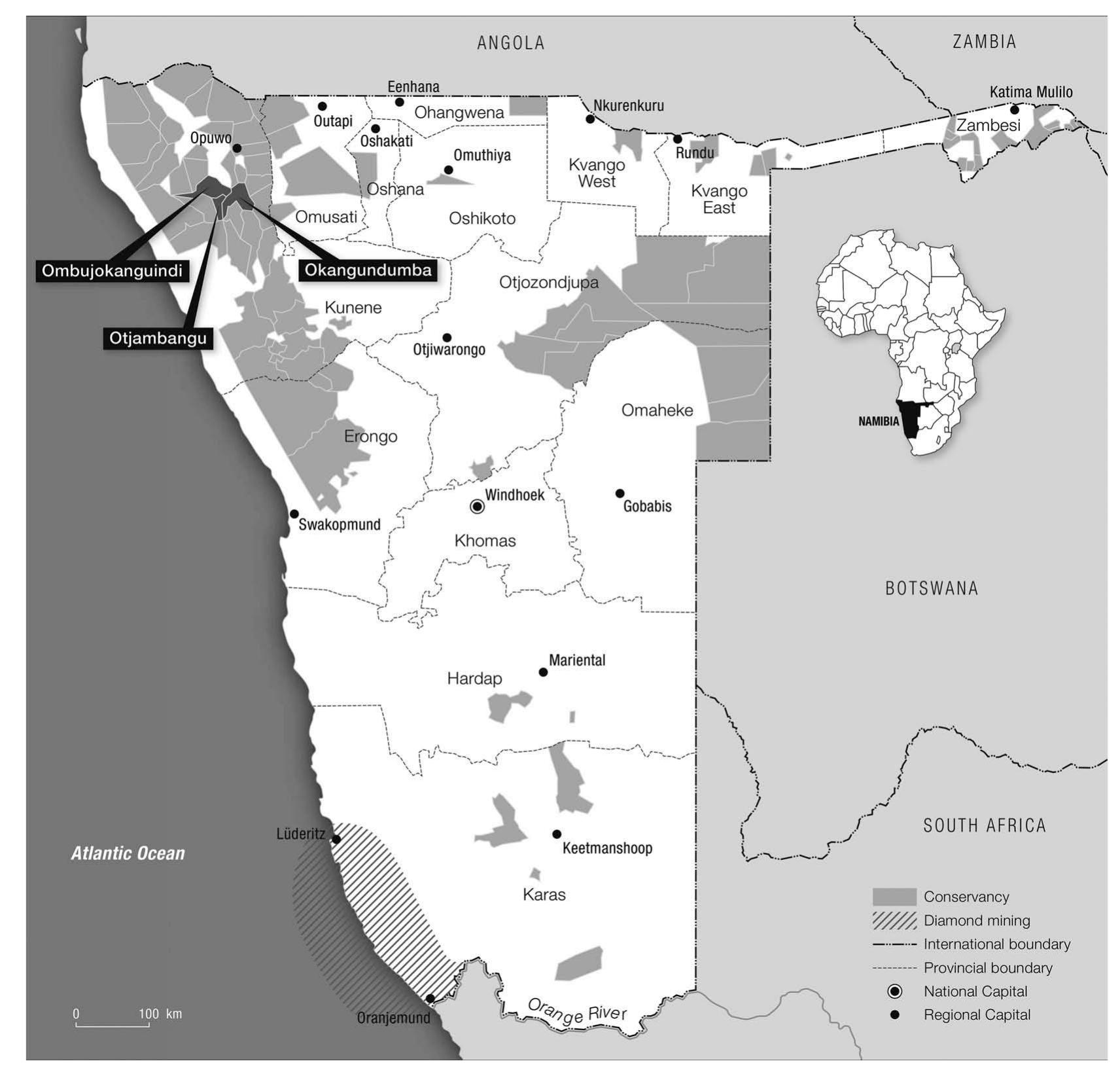 Map of namibia with the location of the three conservancies