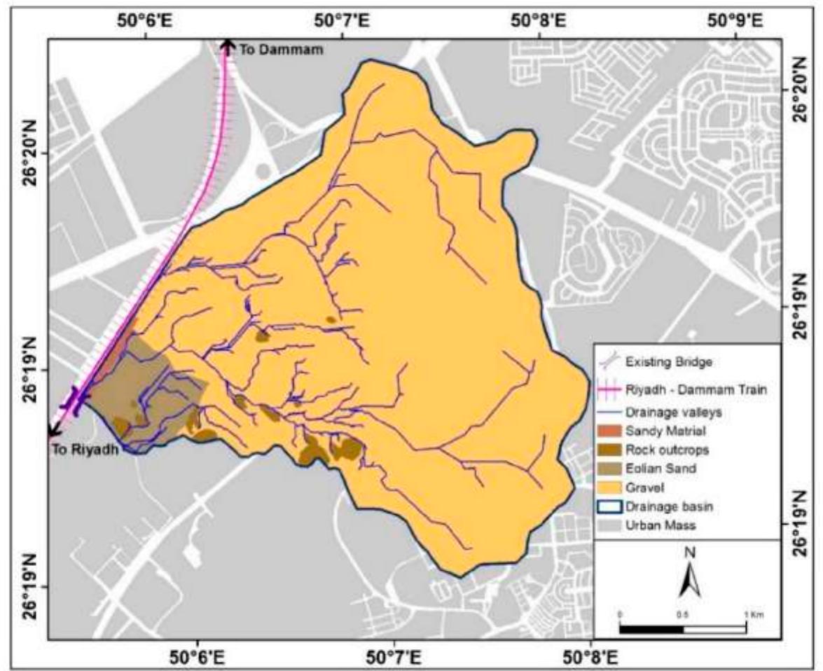 Geological map of drainage basins in the study area