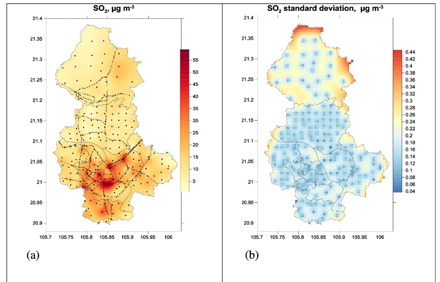 Maps of so2 ambient concentrations (a) and standard