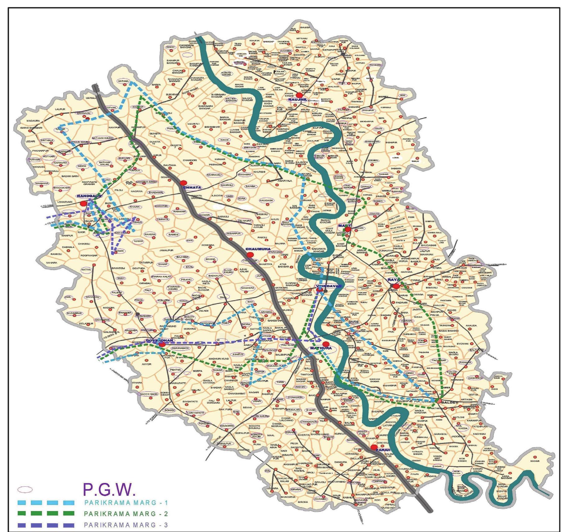 Map of mathura marked with p.g.w. settlements india- mathura