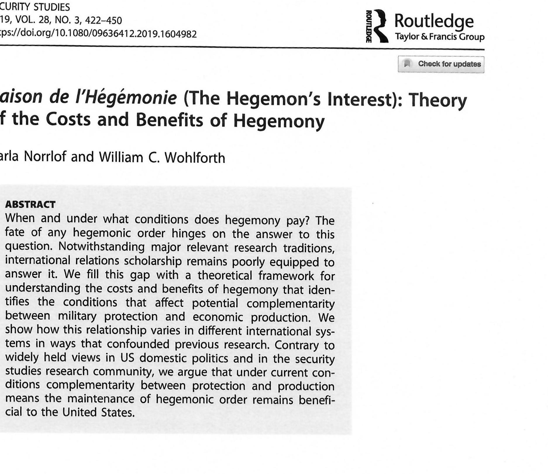Figure 1 - Theory of the Costs and Benefits of Hegemony
