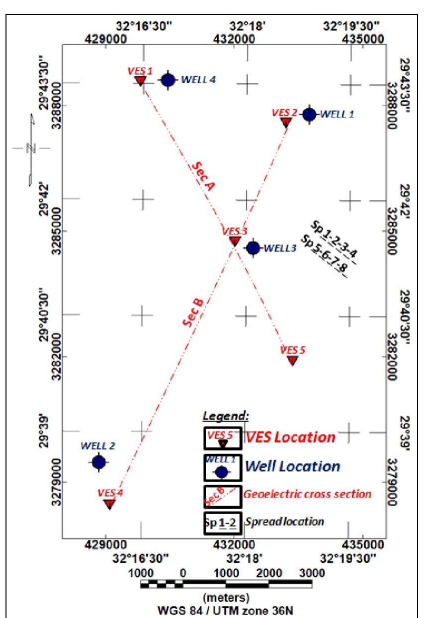 Location map of seismic refraction spreads, veses,