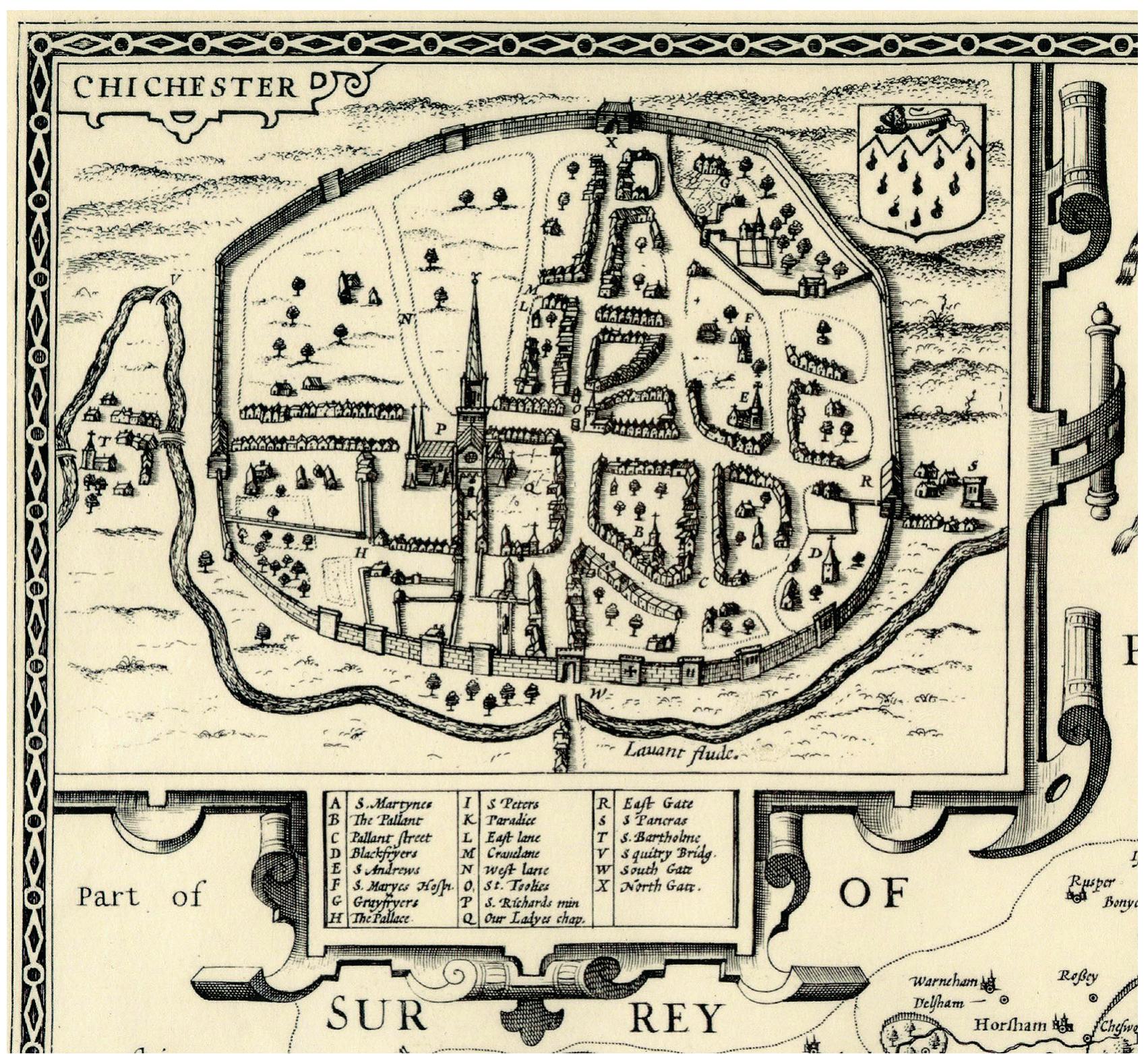 John speed’s map of chichester, 1610. the letter ‘b’