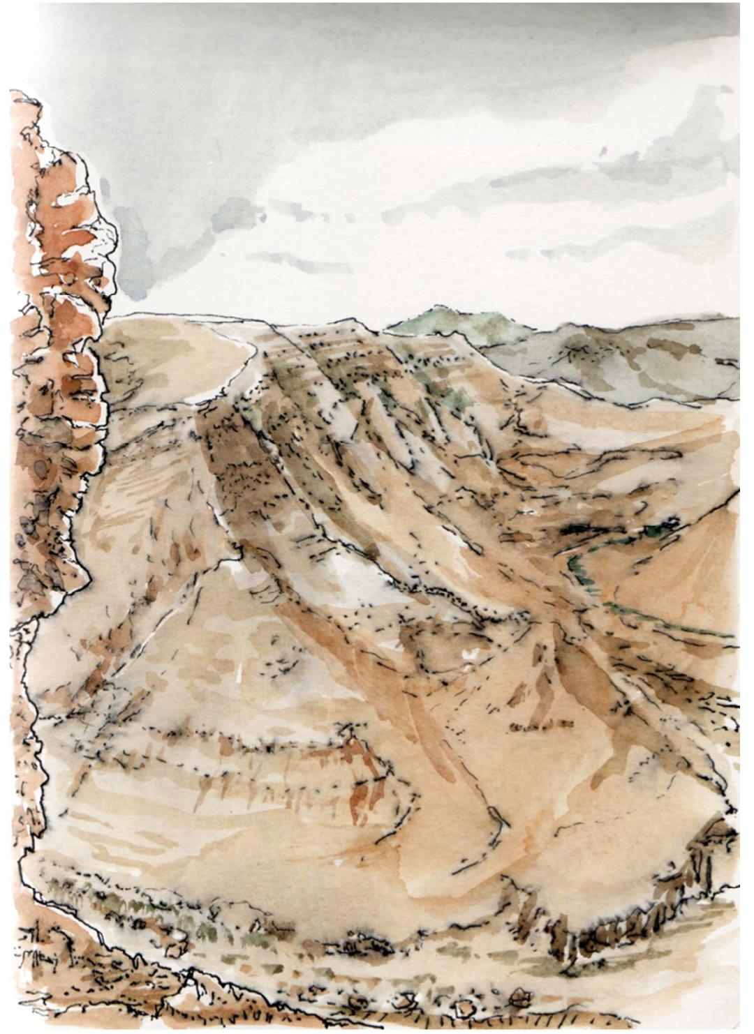 Hand drawing. the slope of the mountain of masada
