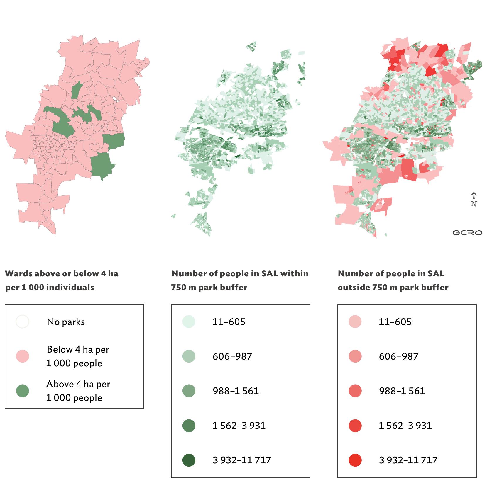 Map 2.3: proximity to parks in the coj. the map on the left
