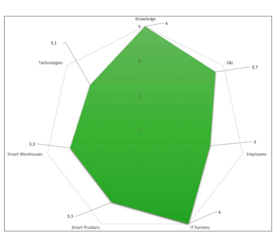 Radar chart visualizing logistics 4.0 maturity in all the