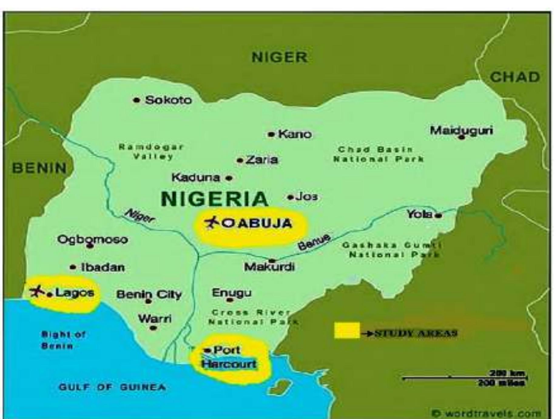 Map of nigeria showing study areas (a buja, lagos and