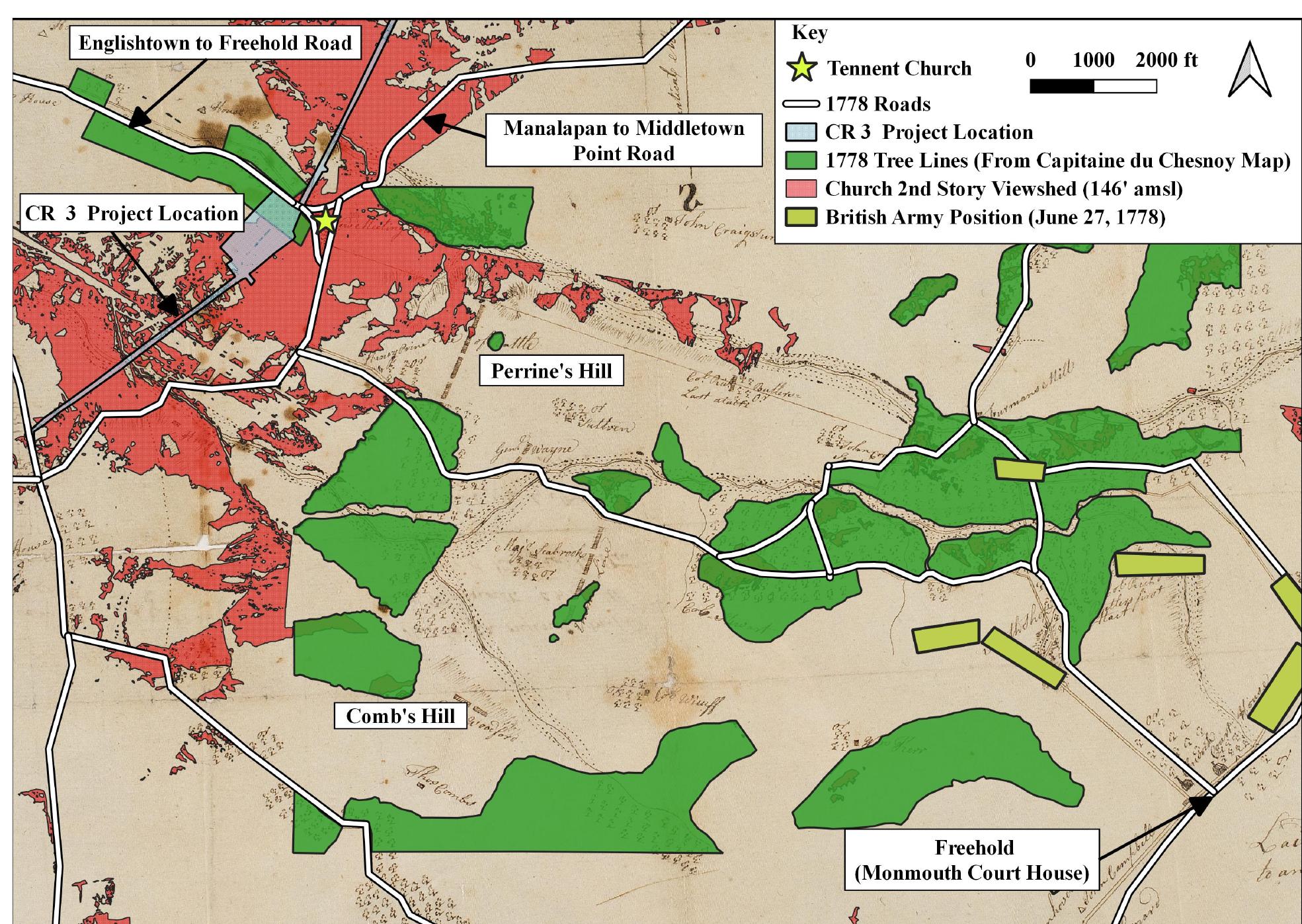 Viewshed map on the 1778 butler map depicting the terrain