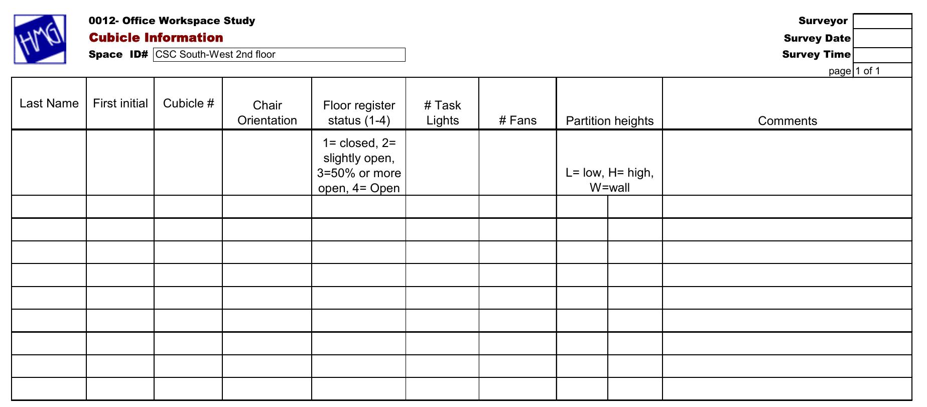 Cubicle physical characteristics data collection form