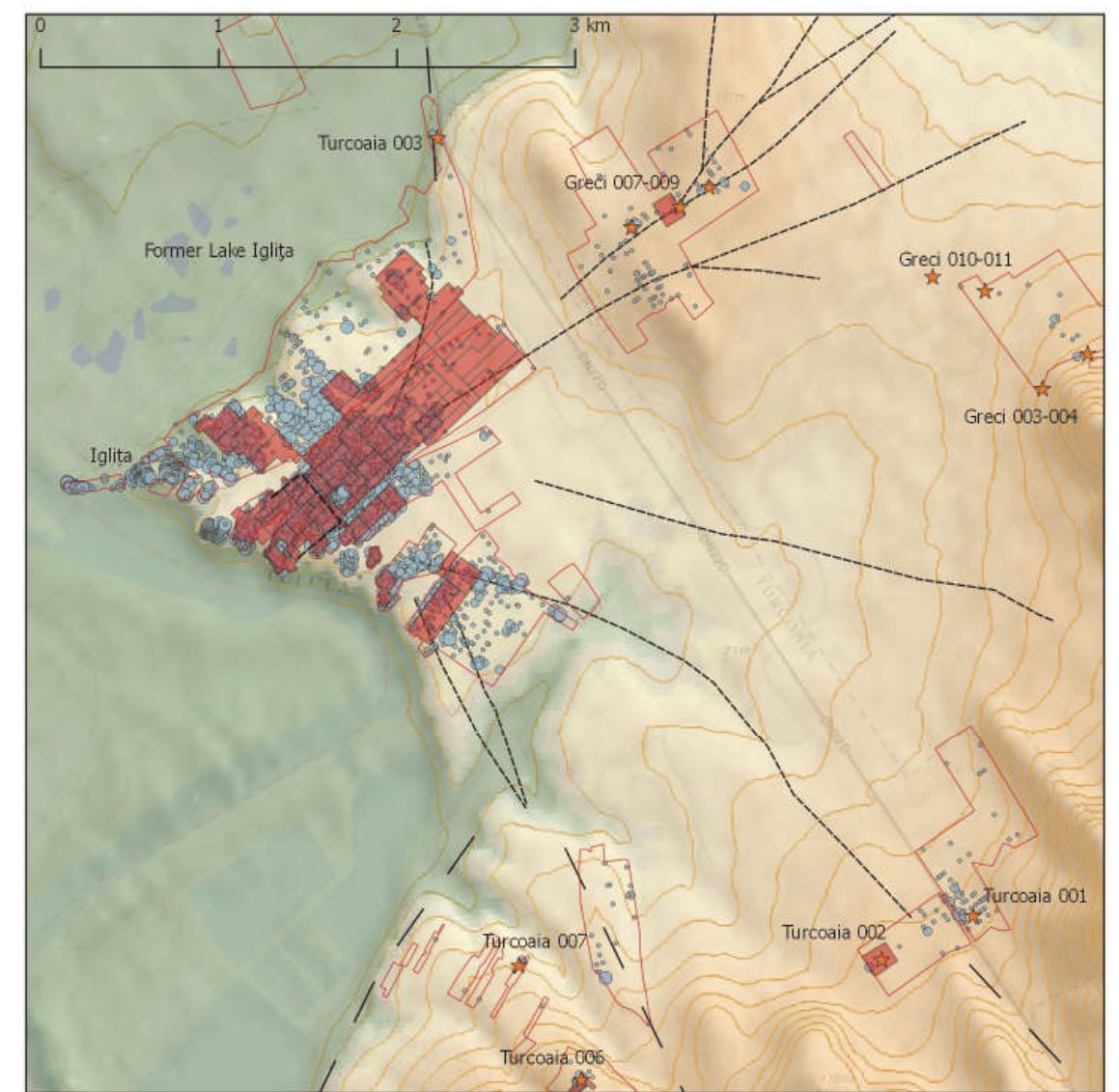 Artefact distribution (in blue) and areas surveyed by