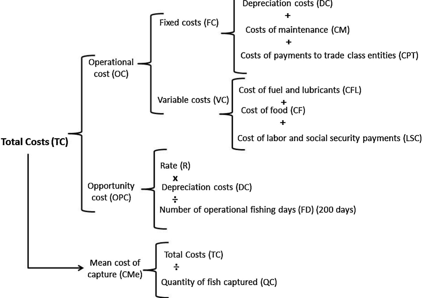 Flow chart of the production costs defined for the