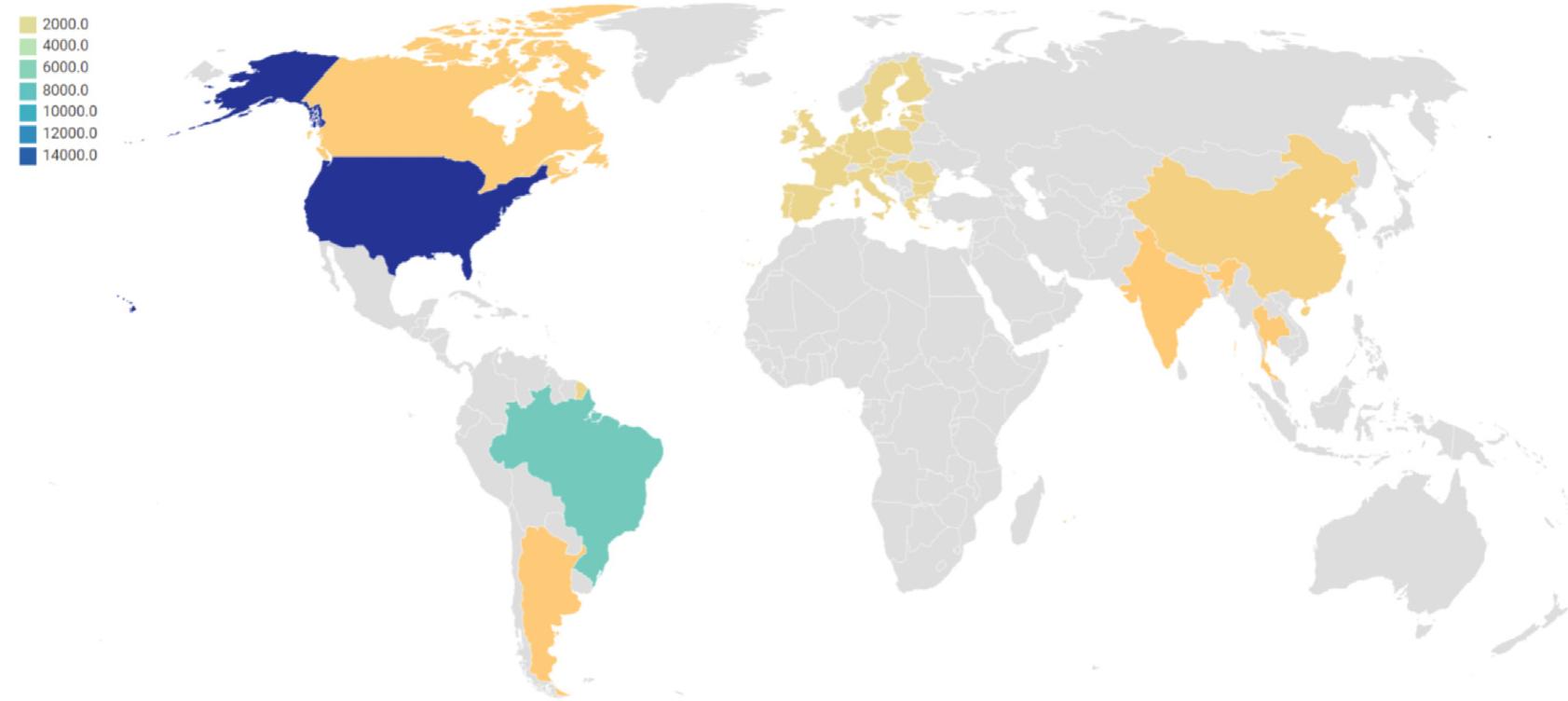 Global ethanol production in a heat map as of 2017 (units: