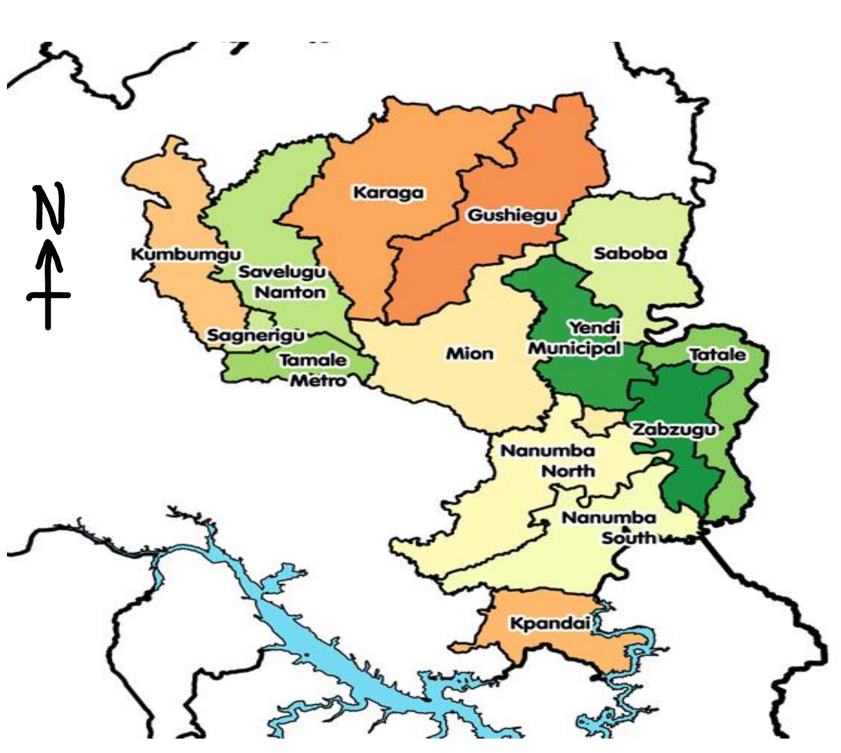A district map of northern region, ghana, showing all
