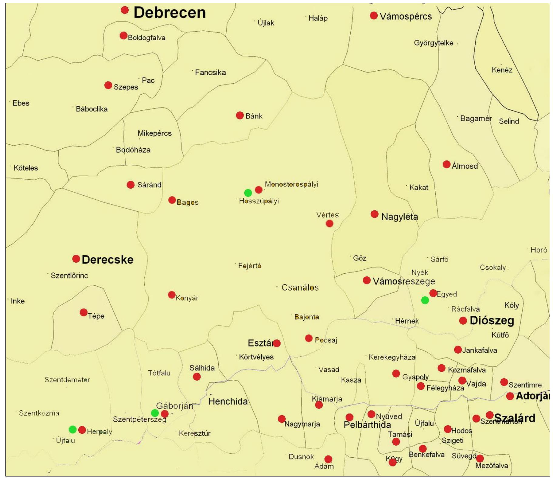 Map with monasteries and parishes along the berettyo river,