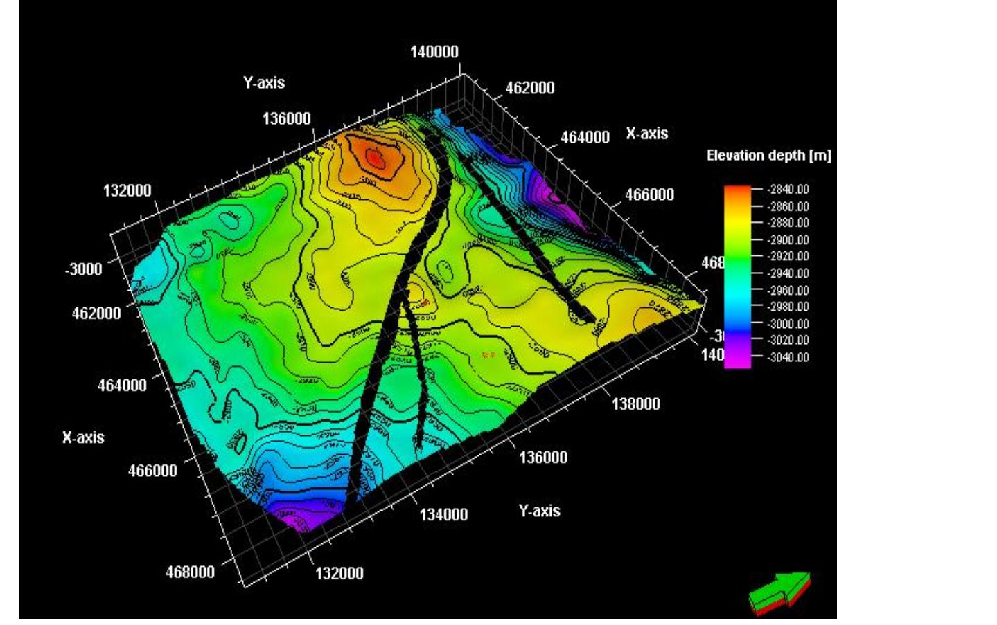 Depth structure map of “a reservoir” with fault polygons