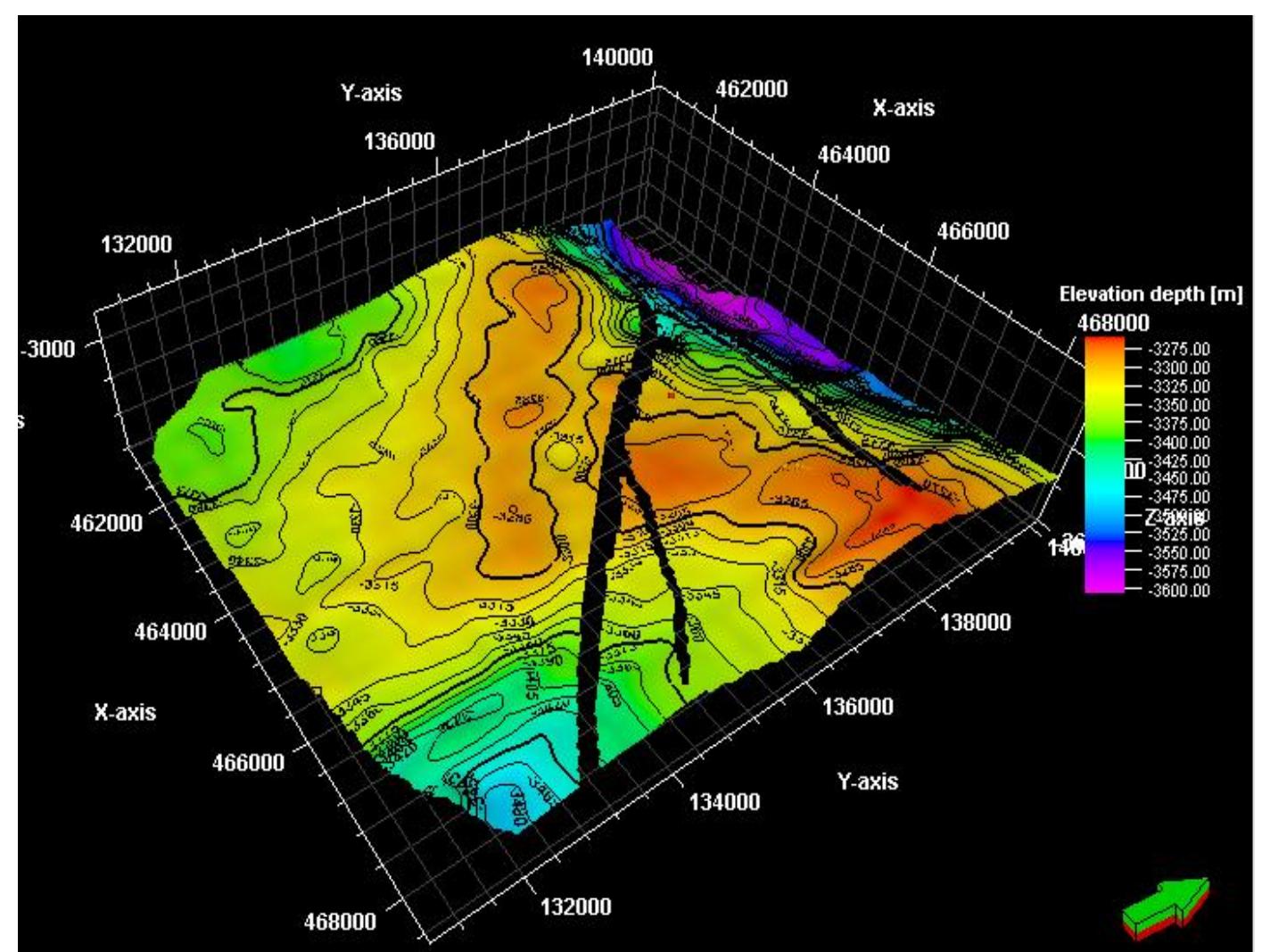 Depth structure map of deep reservoir with fault polygons