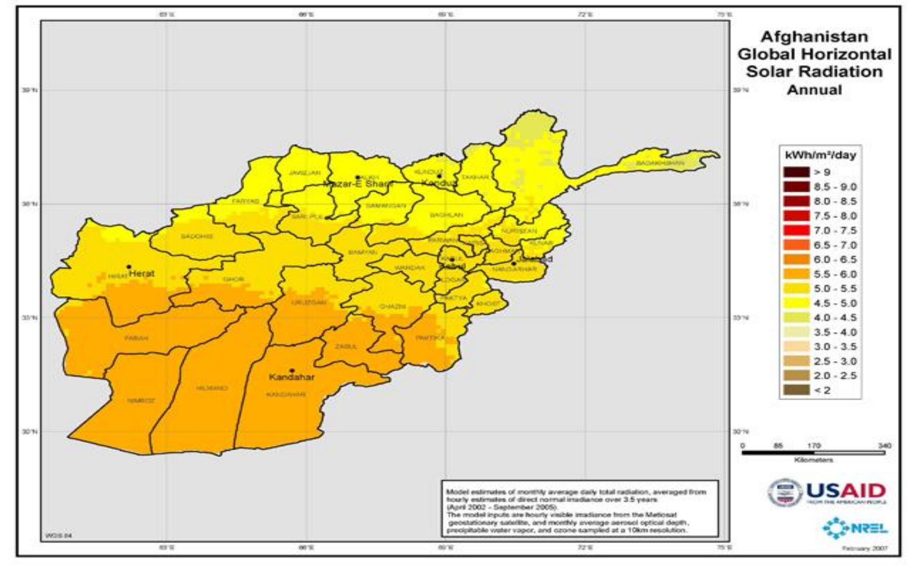 Afghanistan global horizontal solar radiation map [15]. =e