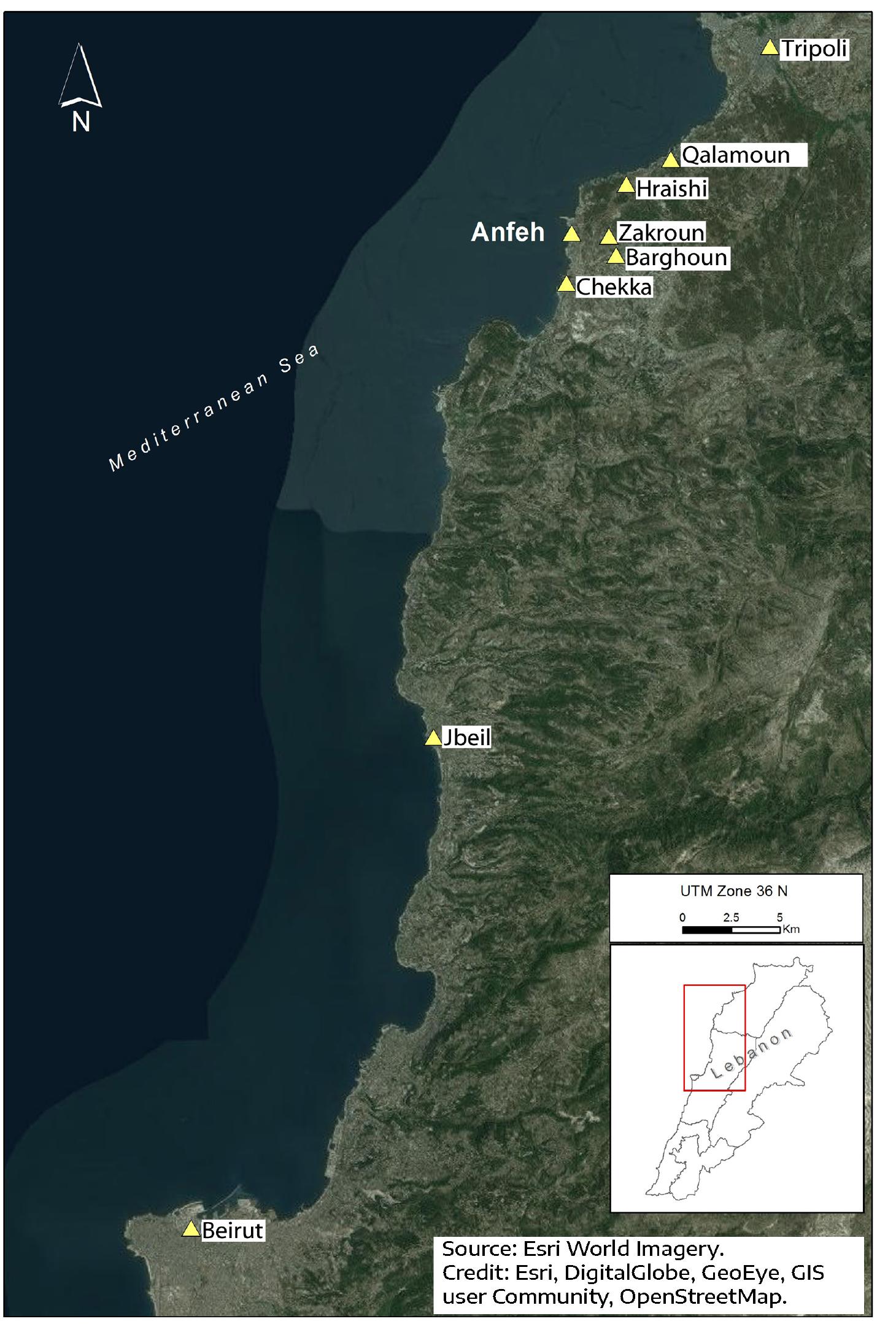 A map of the location of anfeh and neighbouring areas. (map