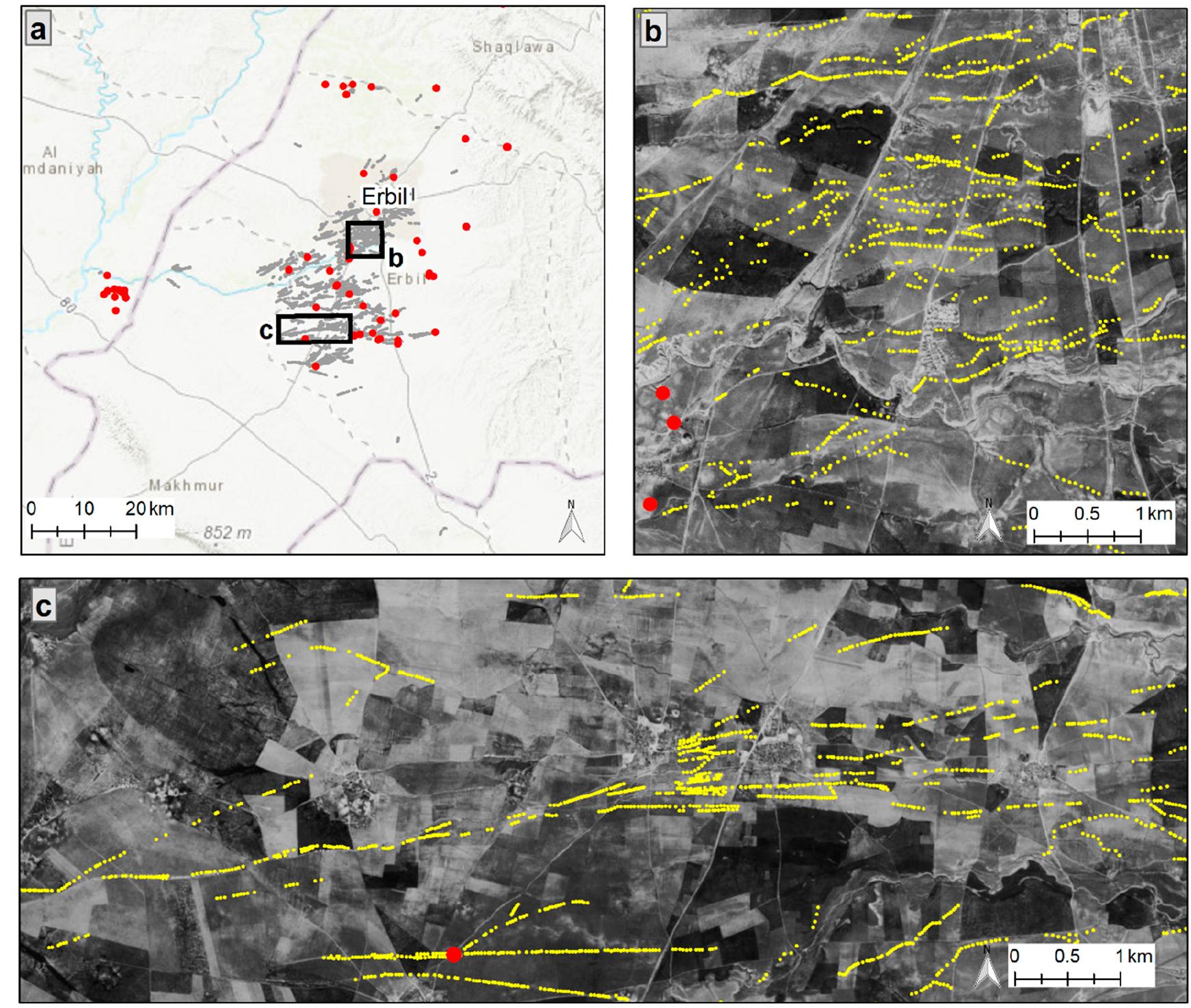 (a) overlay of 51 qanats identified by d. lightfoot from
