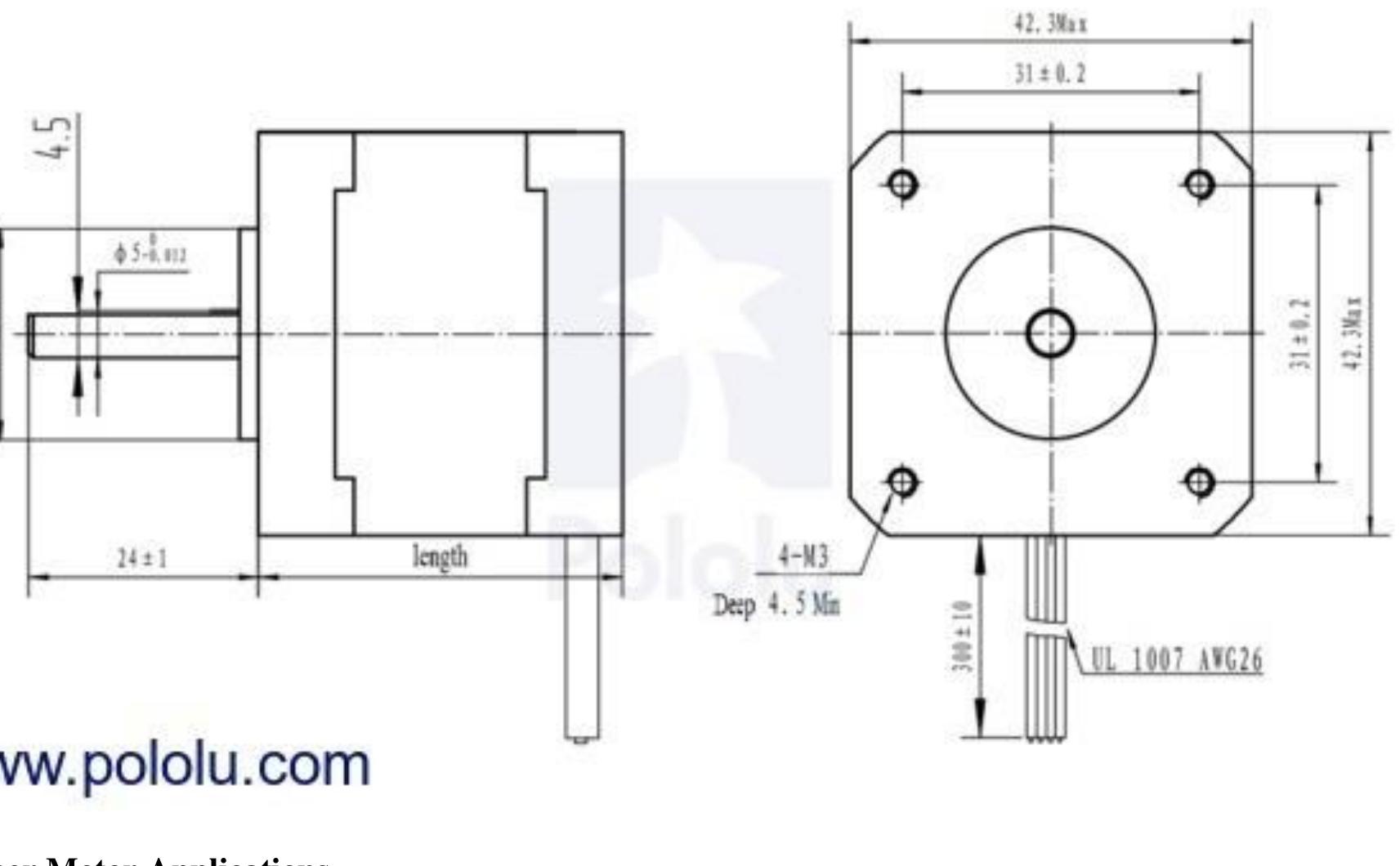 The following diagram shows the stepper motor dimensions in