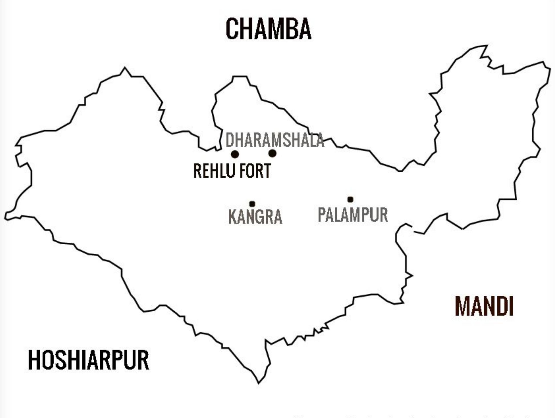Map of kangra district showing location of rehlu fort.