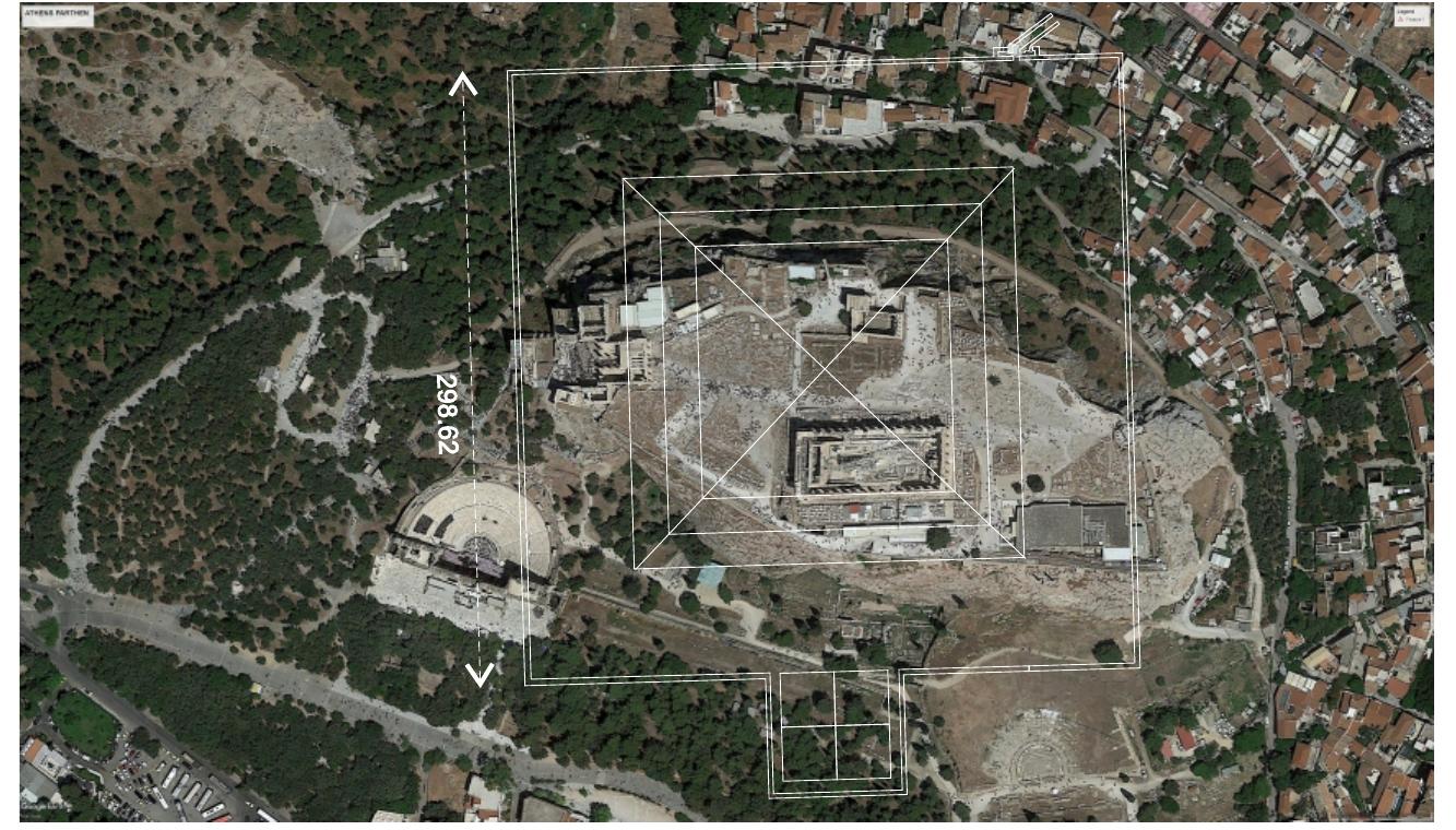 Acropolis of athens a square with sides of 298.62 m. inside