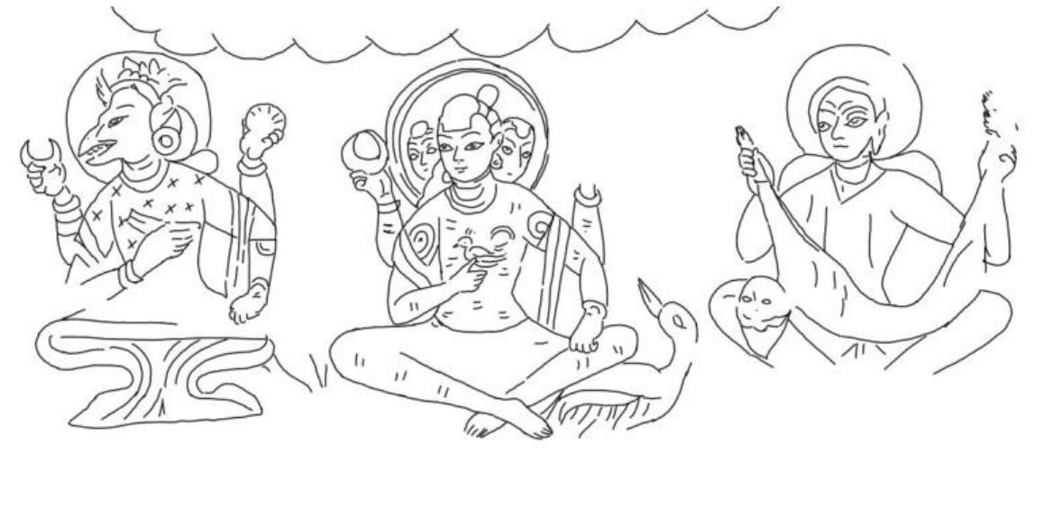 Three deities, eastern corridor of temple cd4. dandan-éiliq.