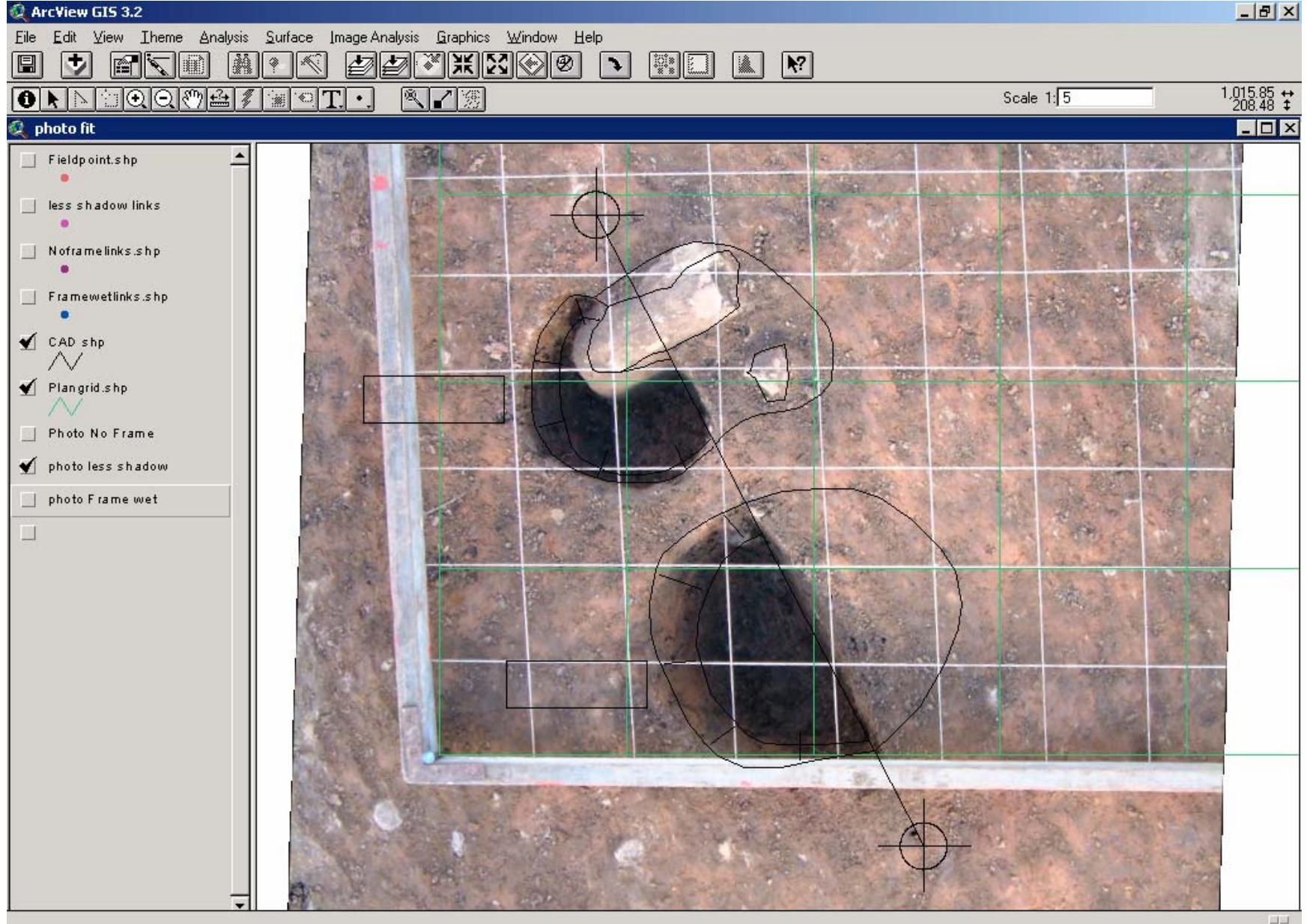 Rectified photo in less sunlight with cad overlay at 1:5 and
