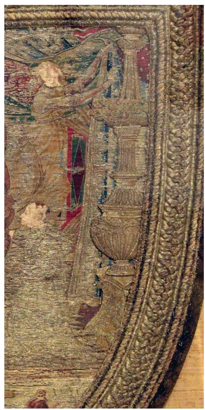 Hood of a cope depicting the coronation of mary by christ,