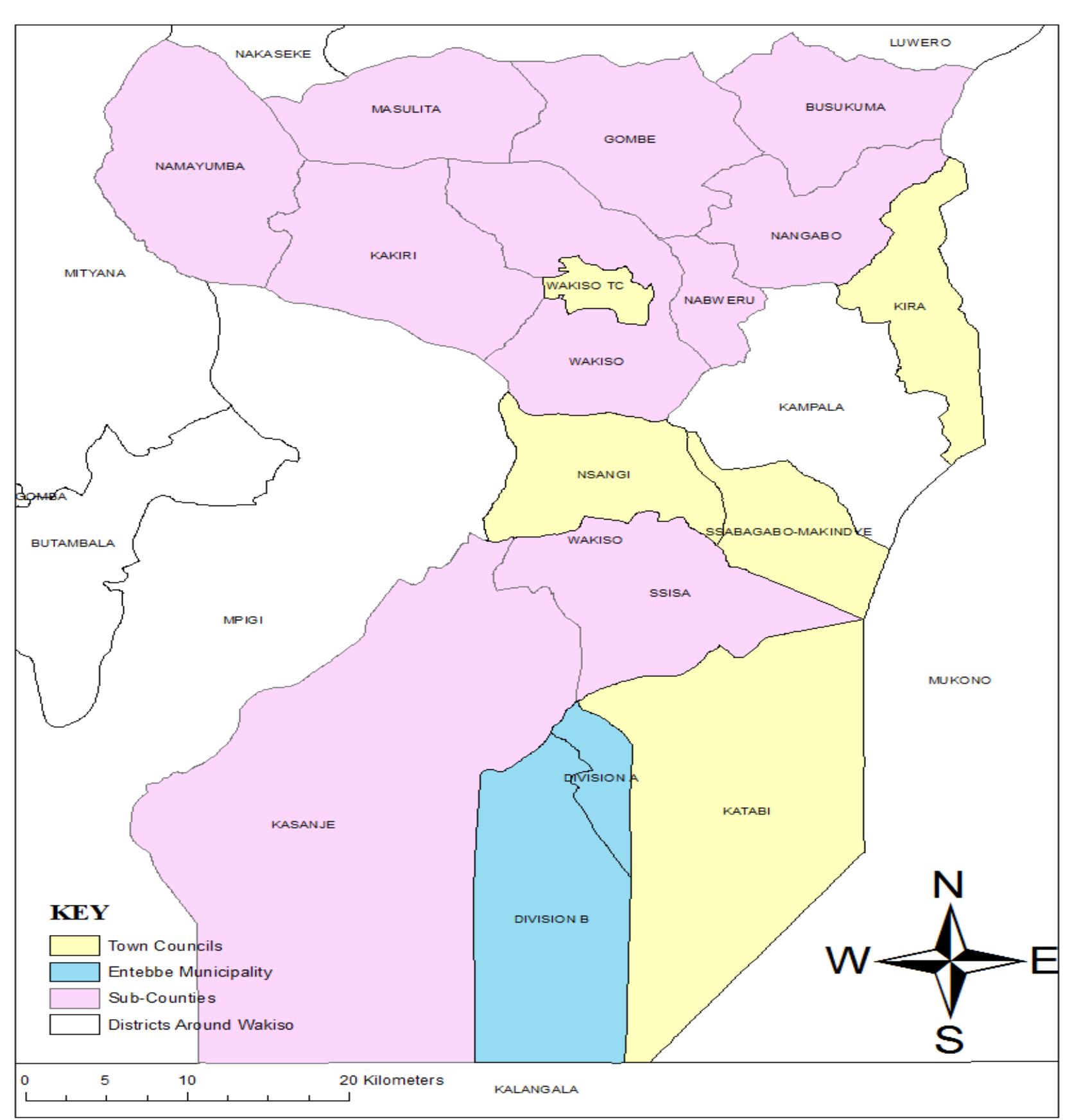 Map of wakiso district showing the sub-counties, town