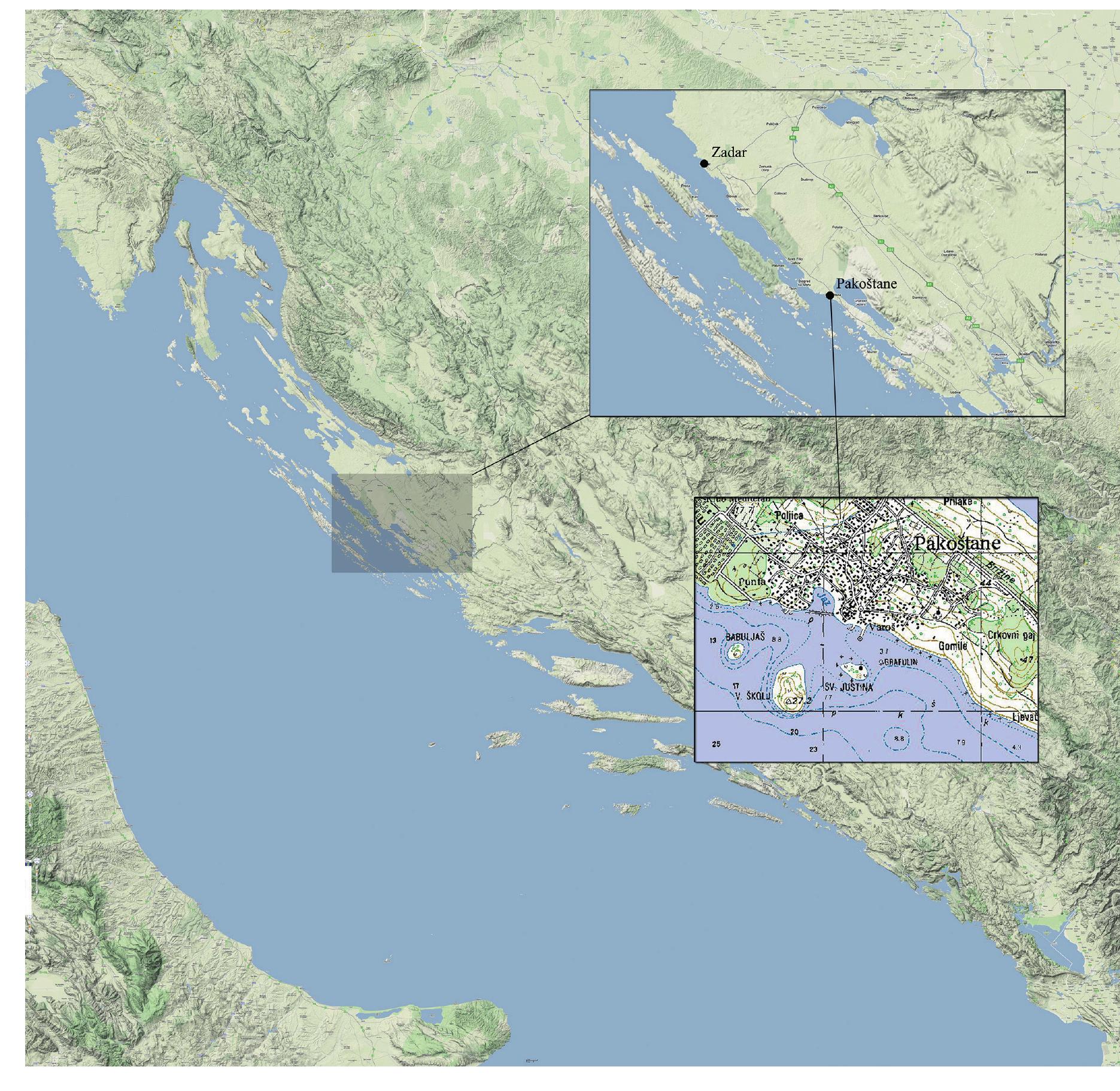 Map of croatia with location of pakostane and the babuljas