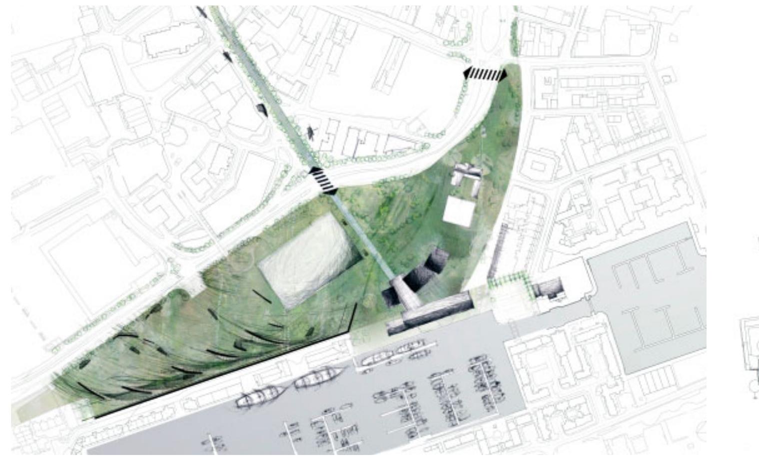 Site masterplan, showing the axis from the city into the