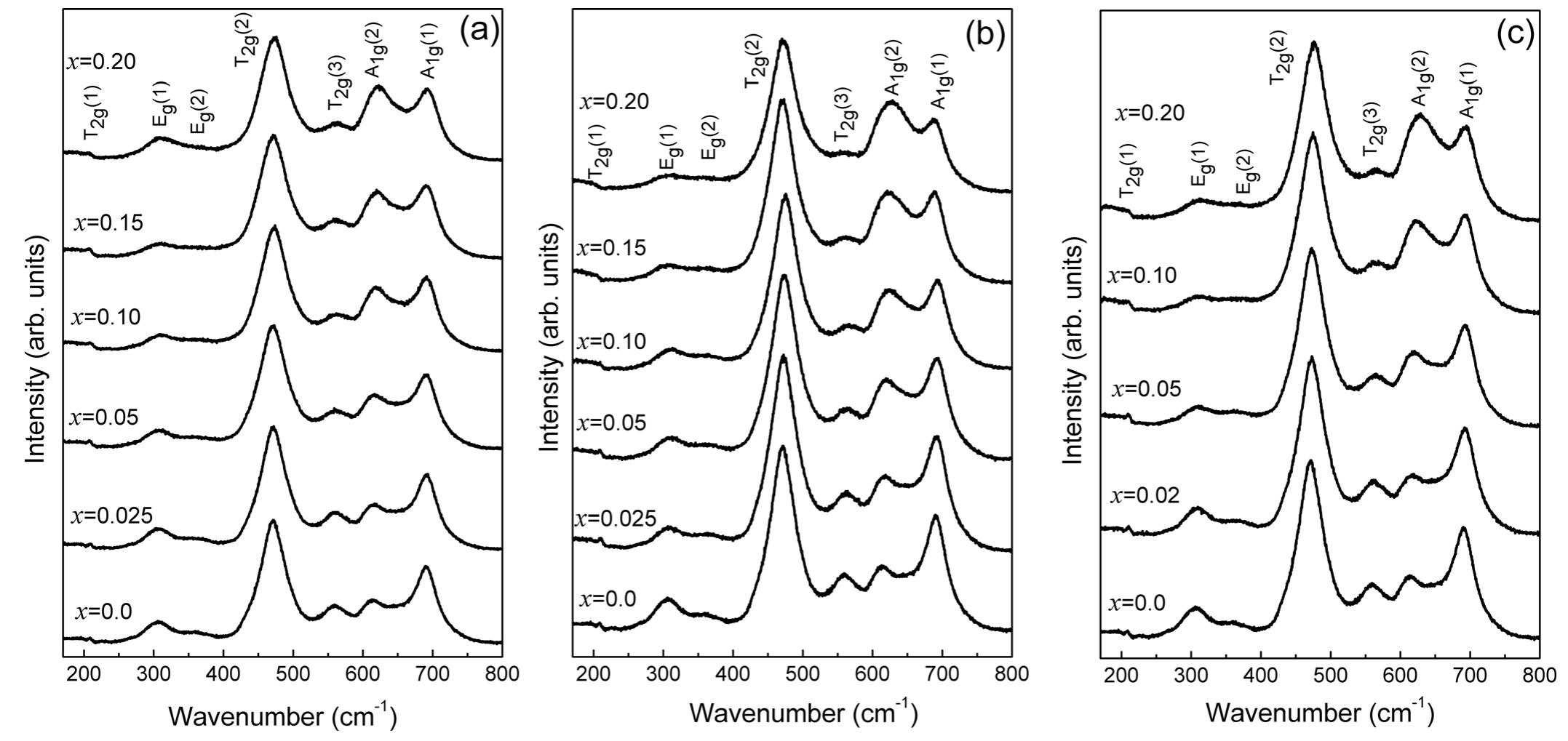 Raman spectra of the sintered (a) cmf, (b) czf, and (c) cmzf