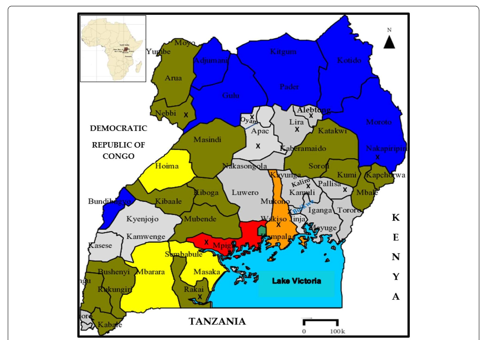 Map of uganda showing the location of the districts with