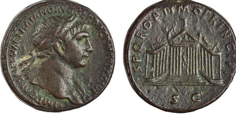 Sestertius of trajan from 106-107 c.e. the reverse depicts