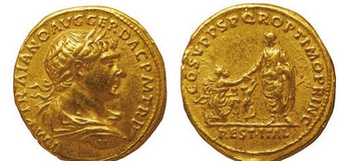 Aureus of trajan from 111 c.e. the reverse depict: trajan
