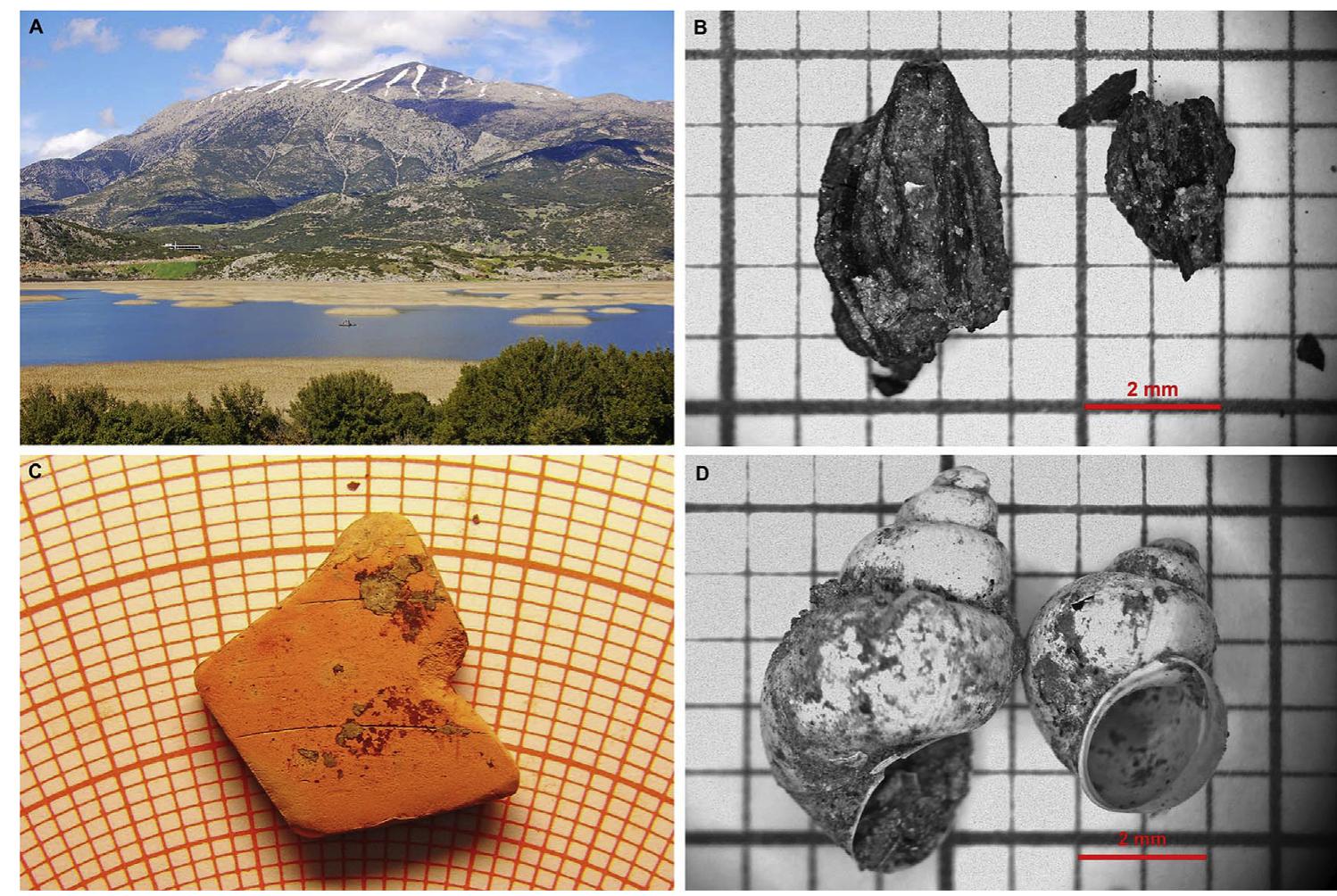 Photos of lake stymphalia and sample material. (a) photo of