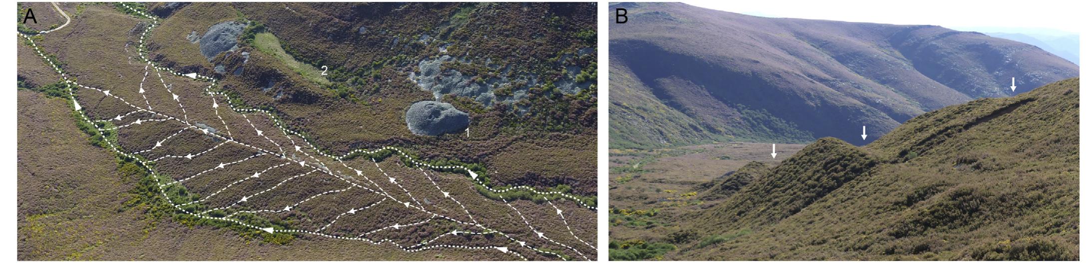 A) examples of drainage system and tailing deposits