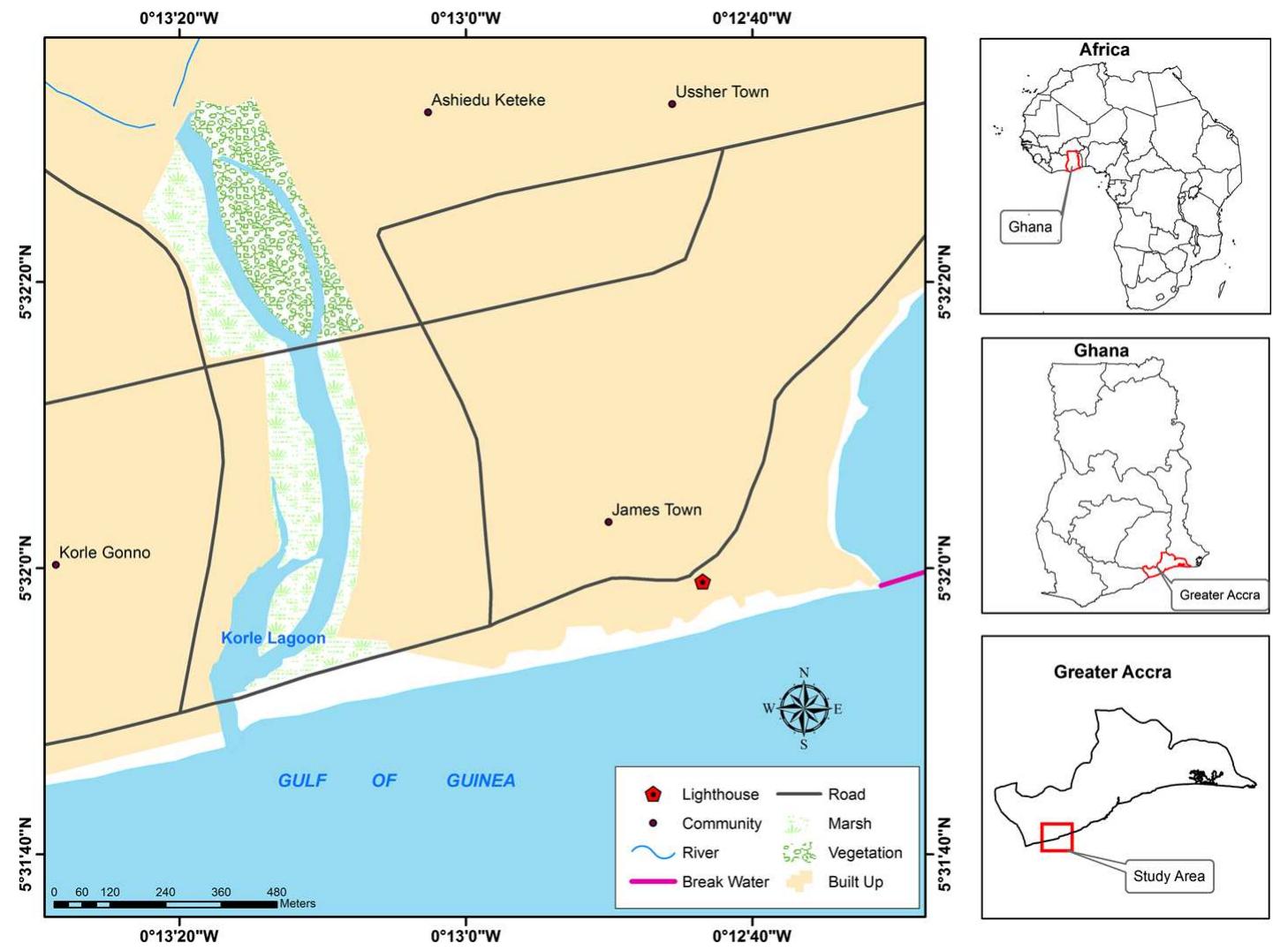 Map of james town, accra showing its features. video camera
