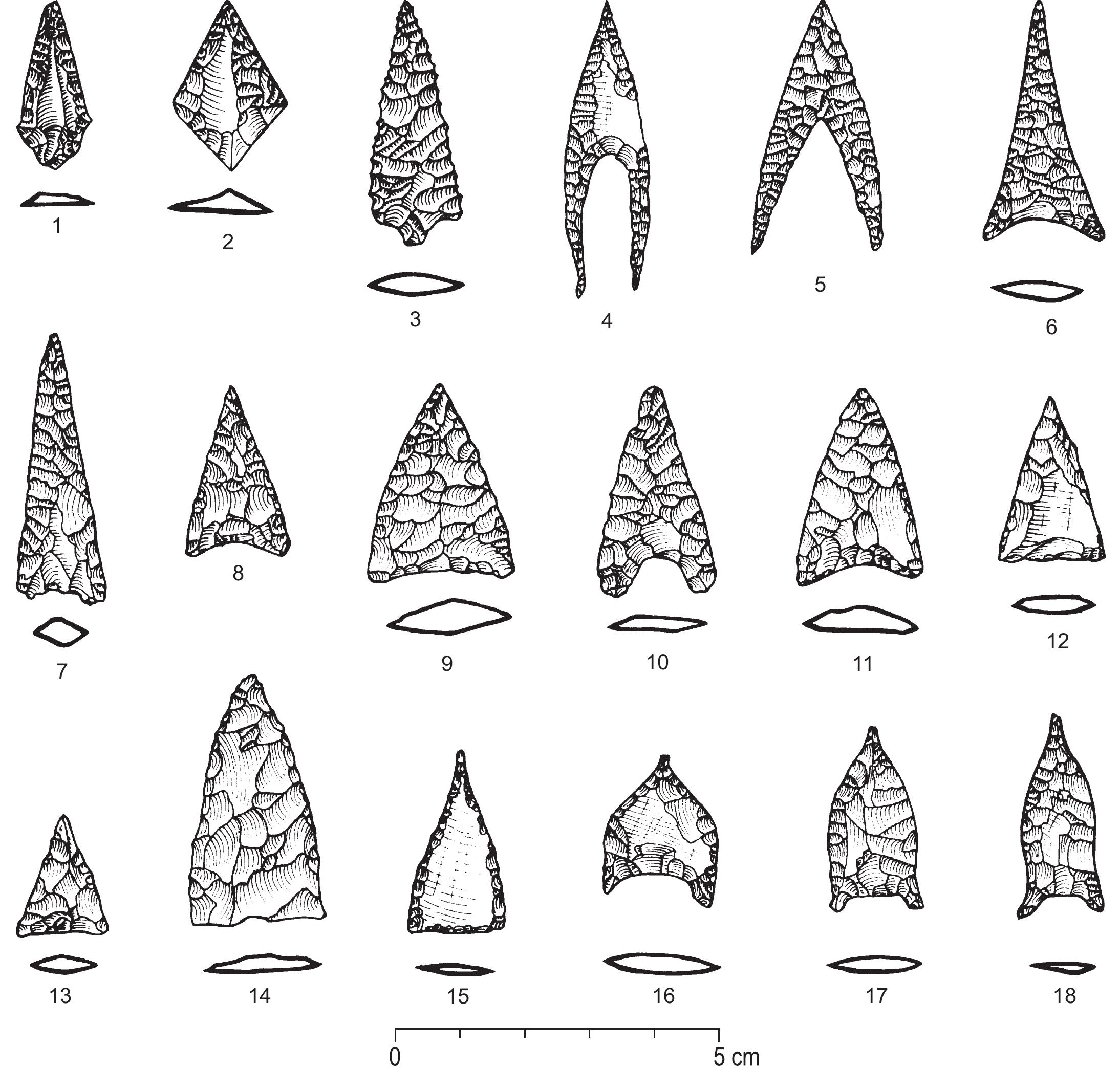 Examples of bifacial arrow points. 1-3: convex base; 4-5: