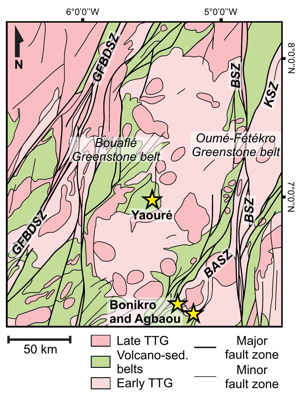 Simplified geological map of the bouaflé greenstone belt,