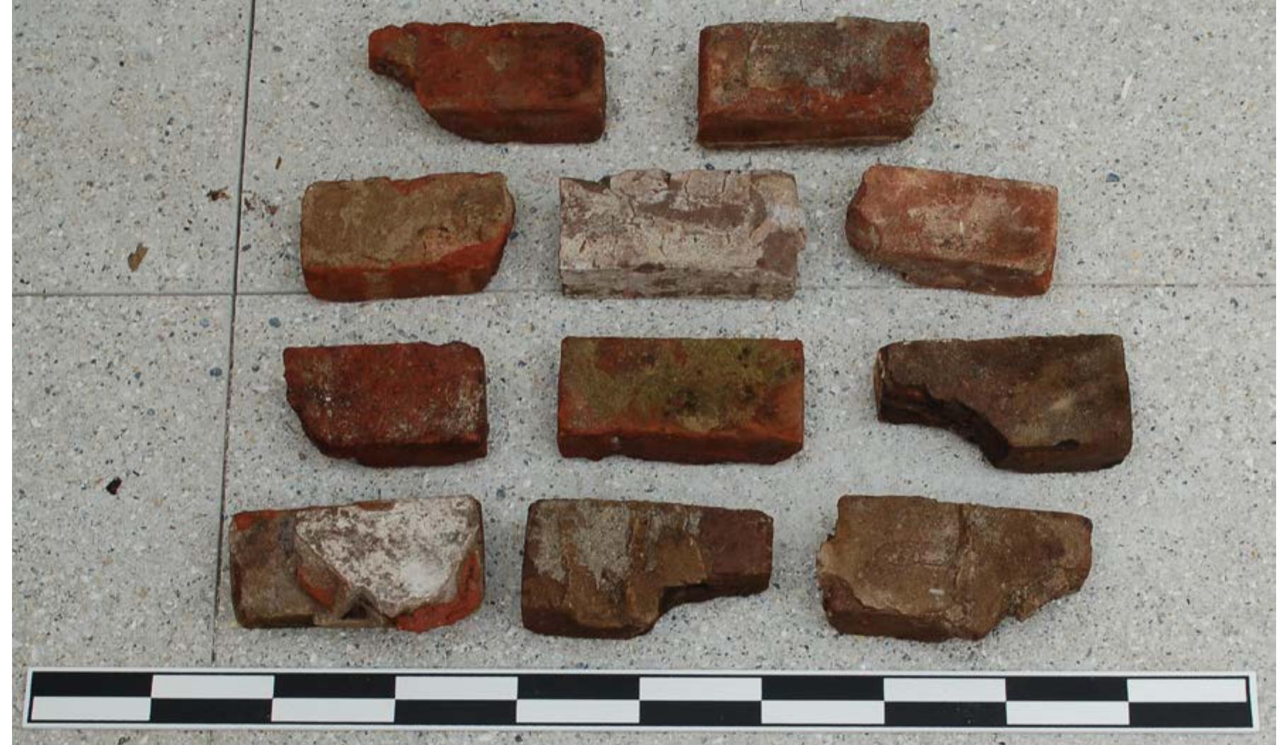 Sampling of bricks from exterior drainage trench, including