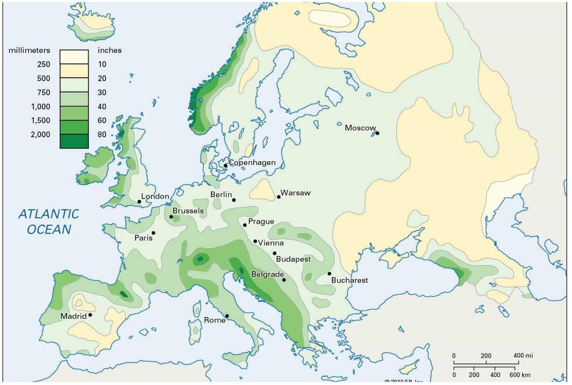 Map 1.11: annual rainfall schedule in europe in a