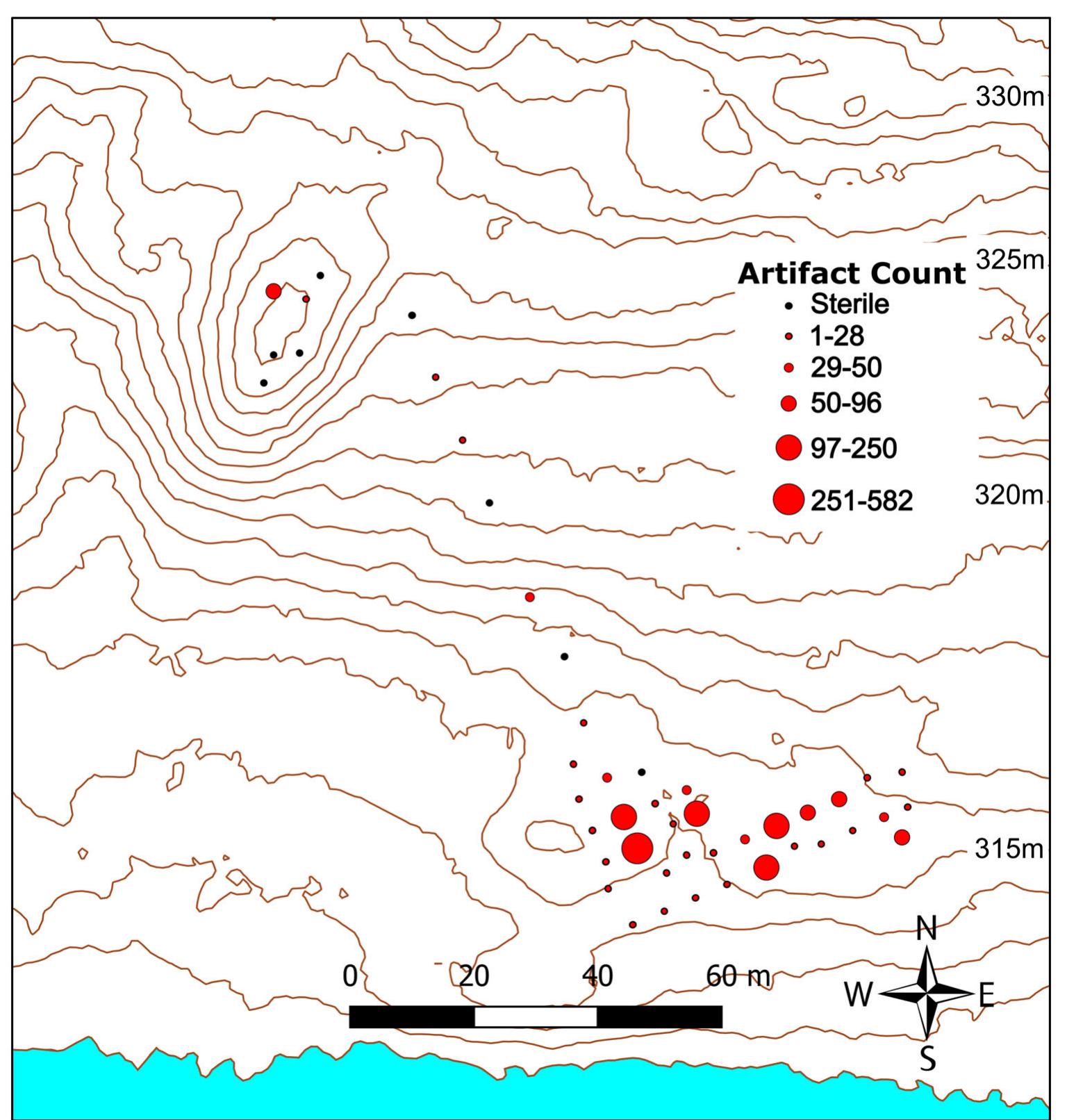 Map of shovel-test-pit locations and corresponding artifact