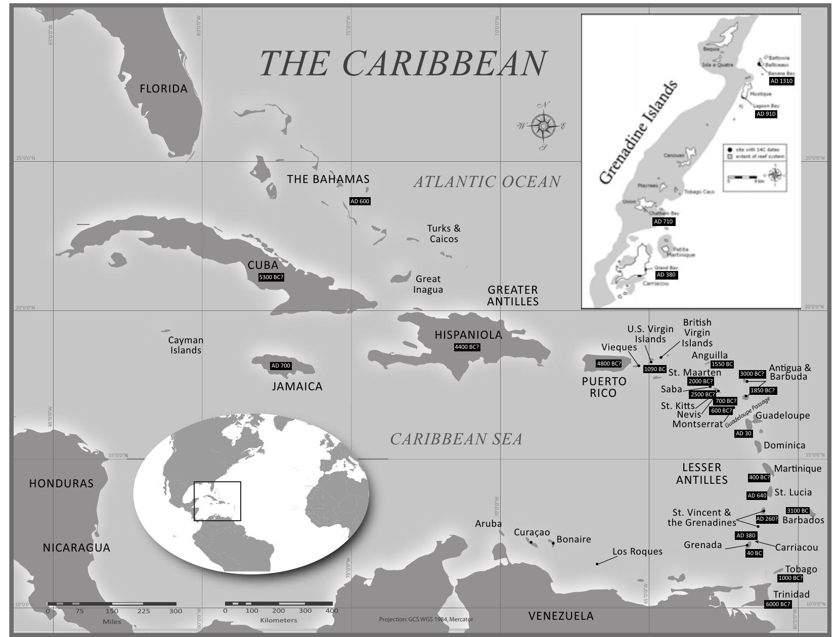 Map of the caribbean with inset of the grenadines showing