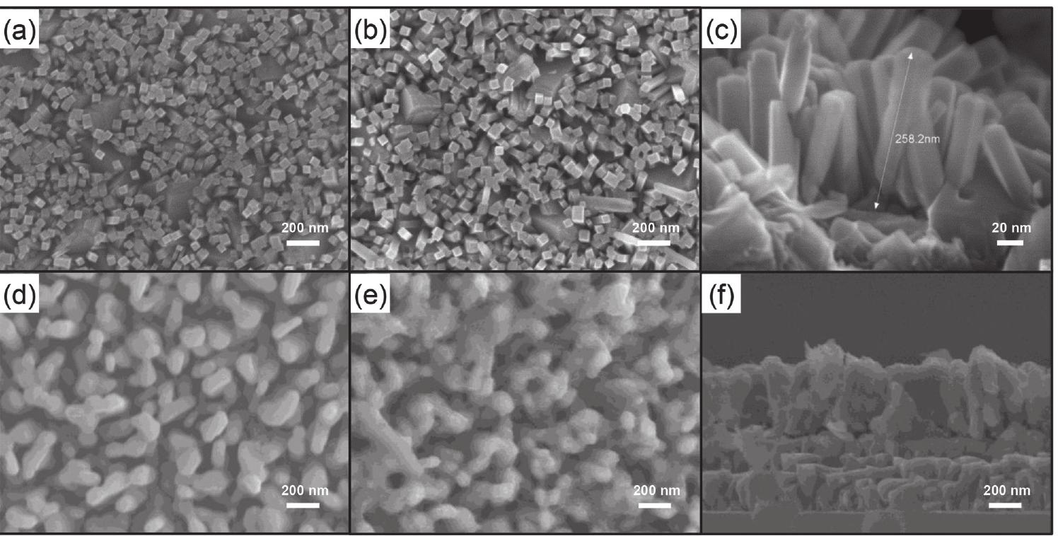 Top-view and cross-sectional sem images of a) sno2 nanorods,