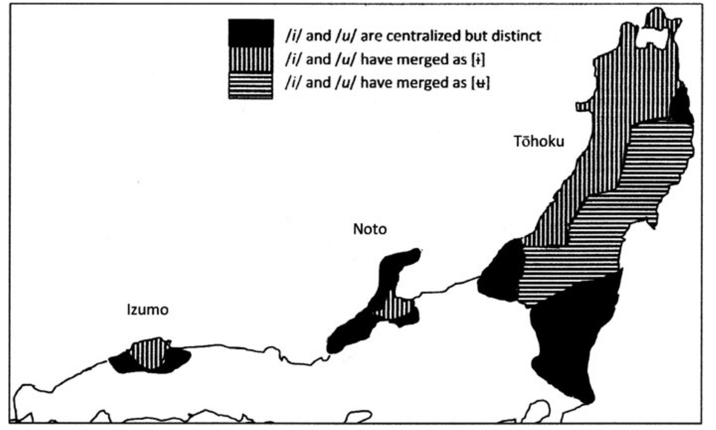 Map of vowel centralization of /i/ and /u/ and merger of /i/