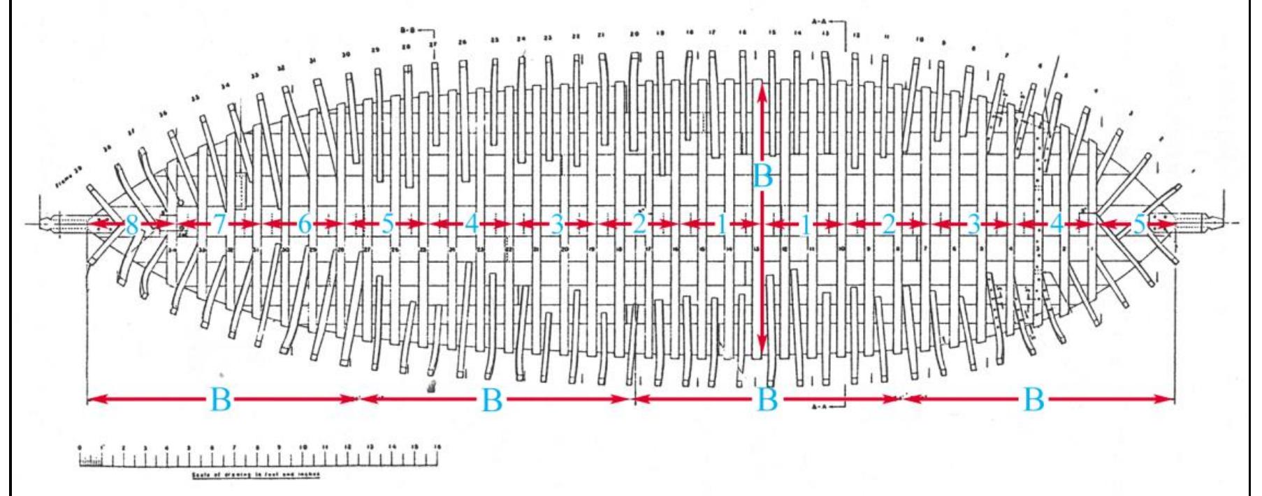 Plan view of the bottom planks and framing showing the main